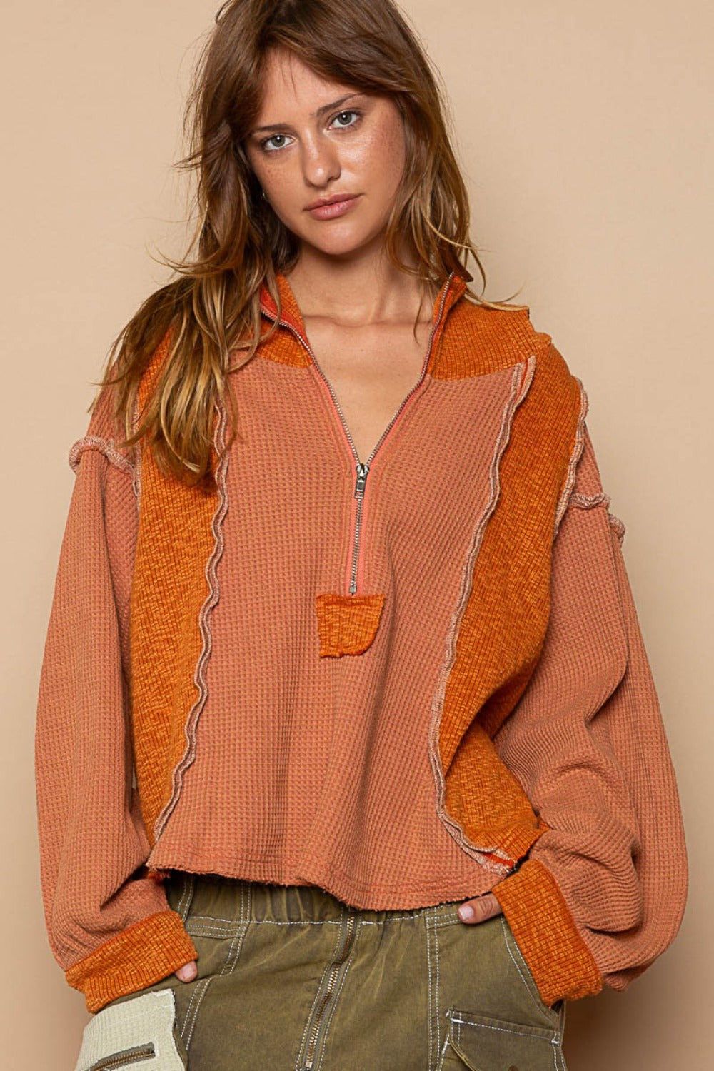 Lilian | POL thermal hoodie with half zip and visible seams in contras ...